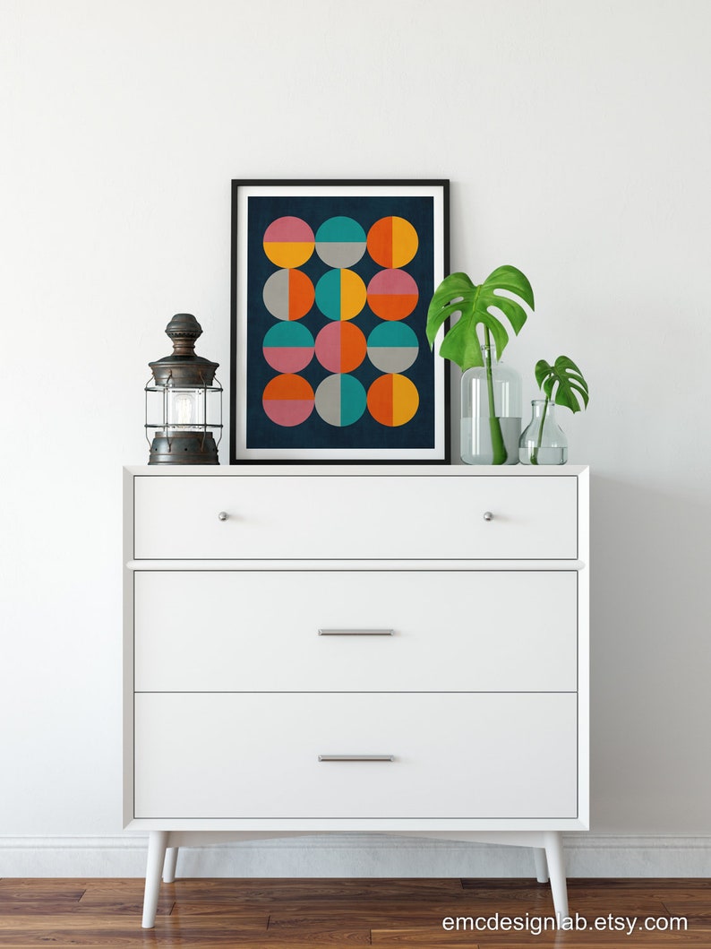 Mid-century Modern Circle Wall Art Orange Yellow Teal Gray - Etsy