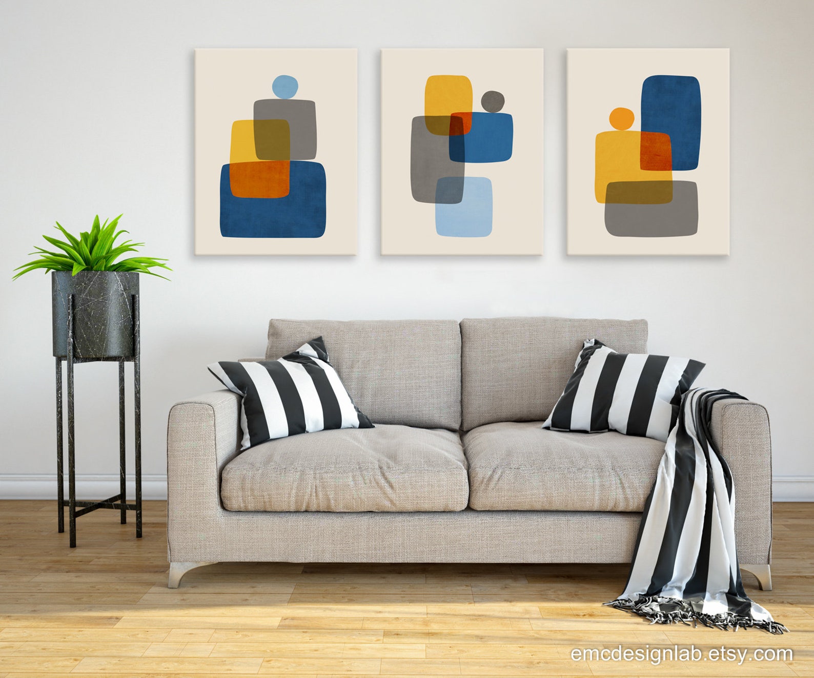 Set of 3 Abstract Modern Wall Art Indigo Blue Mustard Yellow - Etsy