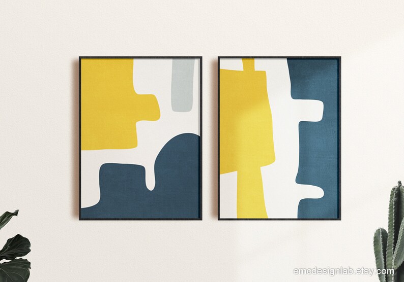 Blue & Yellow Abstract Modern Art Set of 2 Prints Simple - Etsy