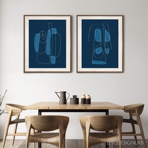 Set of 2 Navy Blue Line Art, Original Contemporary Line Art Set ...