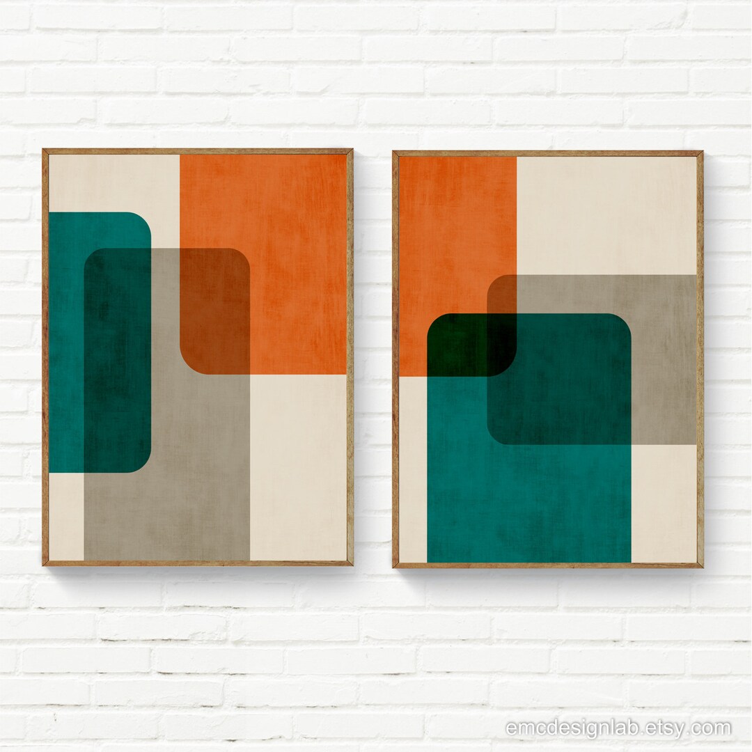 Teal Green Orange Geometric Abstract Art Print Set of 2 Beige Green ...