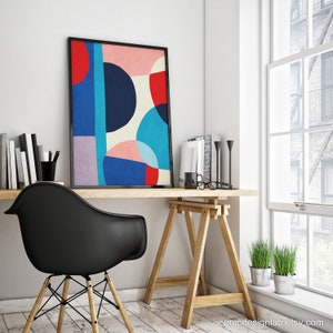 Abstract Rounded Shapes Modern Artwork / Blue Red White Pink Navy Wall ...