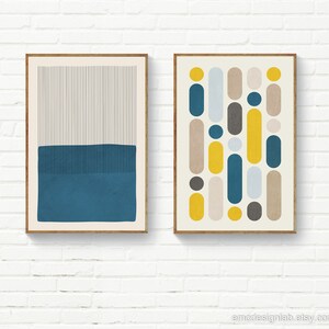 Mid-century Modern Print, Modern Wall Art, Navy Beige Yellow Baby Blue ...