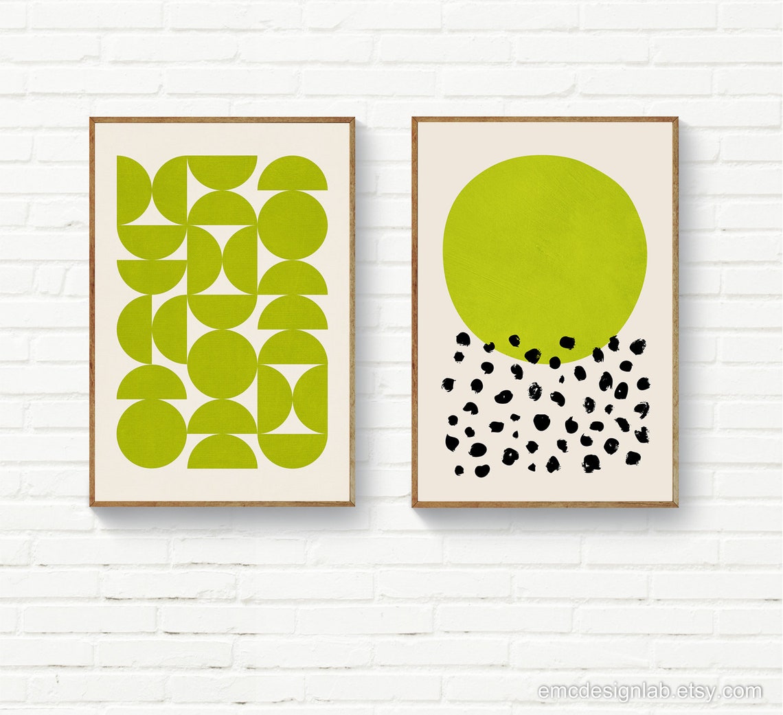 Black Dots and Green Circle Wall Art Abstract Chartreuse - Etsy