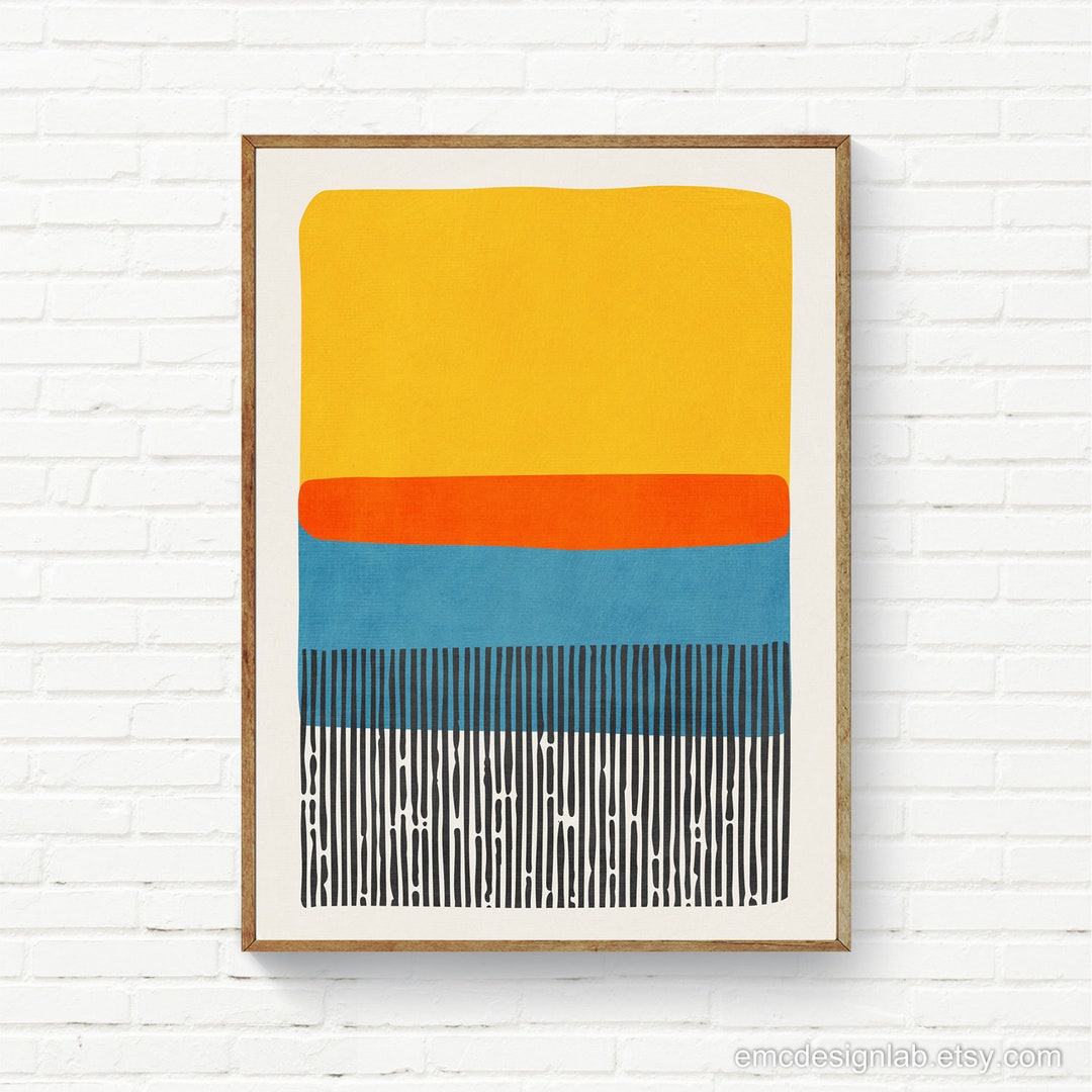 Original Modern Abstract Art Print Yellow Orange Blue Black Mid-century ...