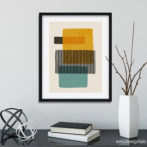 Abstract Teal Gray Yellow Wall Art, Mustard Light Teal Black Stripes ...