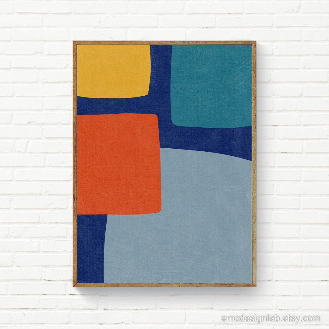 Yellow Blue Orange Teal Mid-century Modern Abstract Print for Modern ...