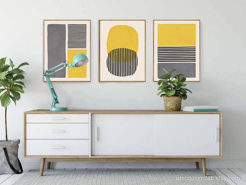 Modern Wall Art Gray & Yellow Art Set of 2 Black Bold Lines | Etsy