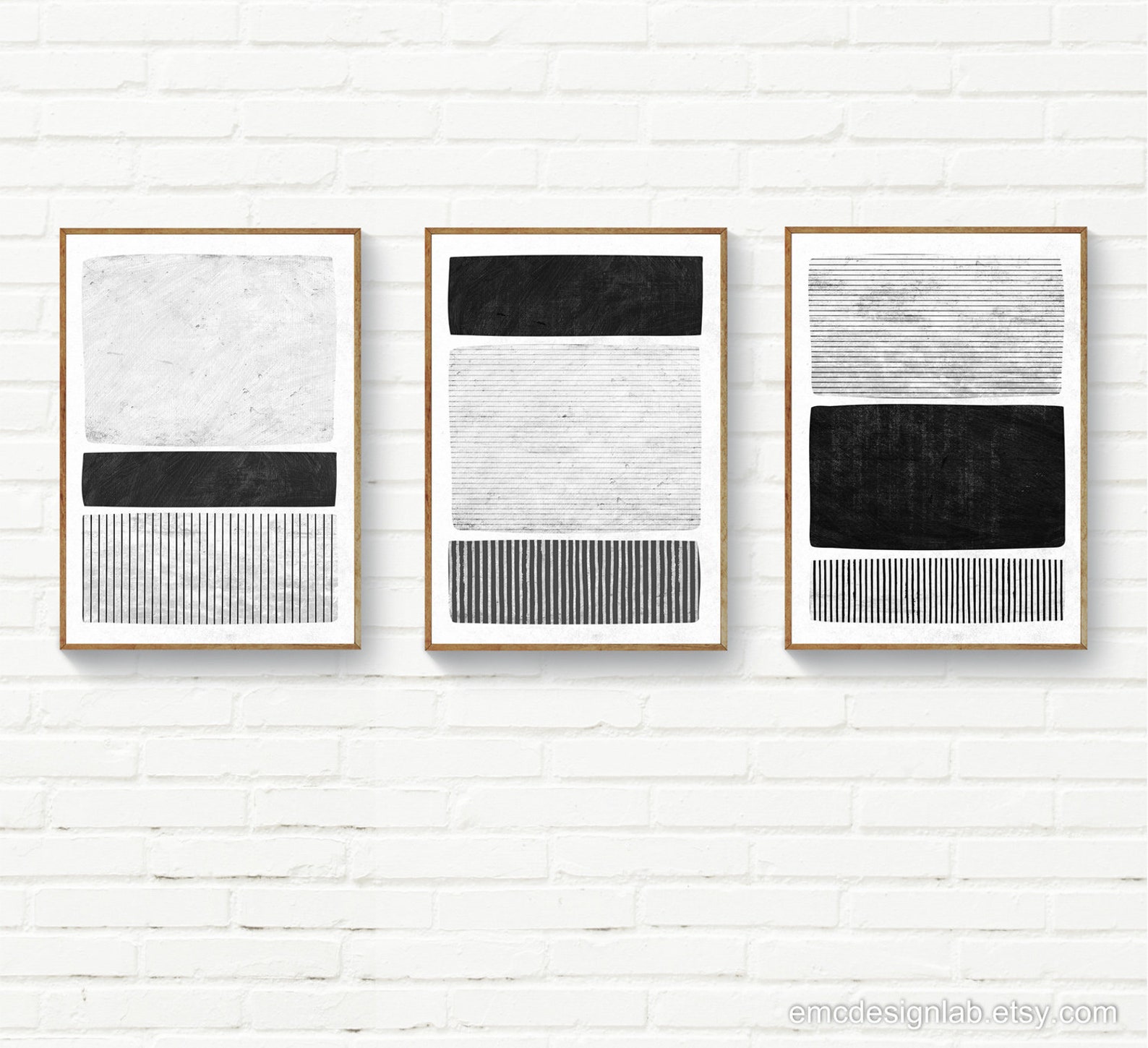 Set of 3 Black & White Digital Woodblock Prints, Black and White Art ...