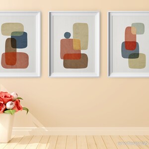 Mid Century Modern Set of 3 Wall Art, Abstract Shapes Beige Navy Rust ...