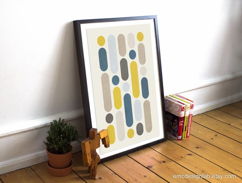 Mid-century Modern Print Modern Wall Art Navy Beige Yellow - Etsy
