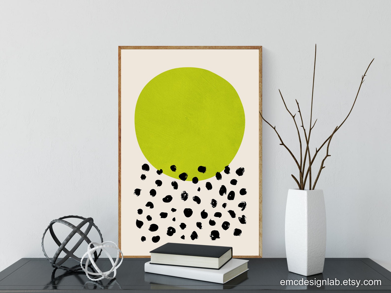 Black Dots and Green Circle Wall Art Abstract Chartreuse - Etsy