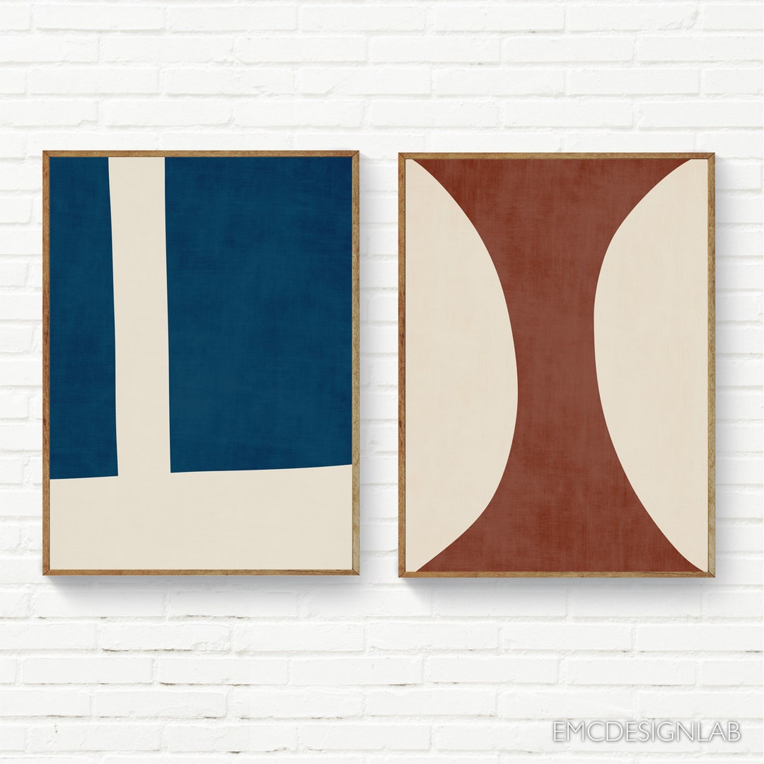 Classy Minimalist Wall Art Set of 2 Prints Navy Dark Terracotta Canvas ...