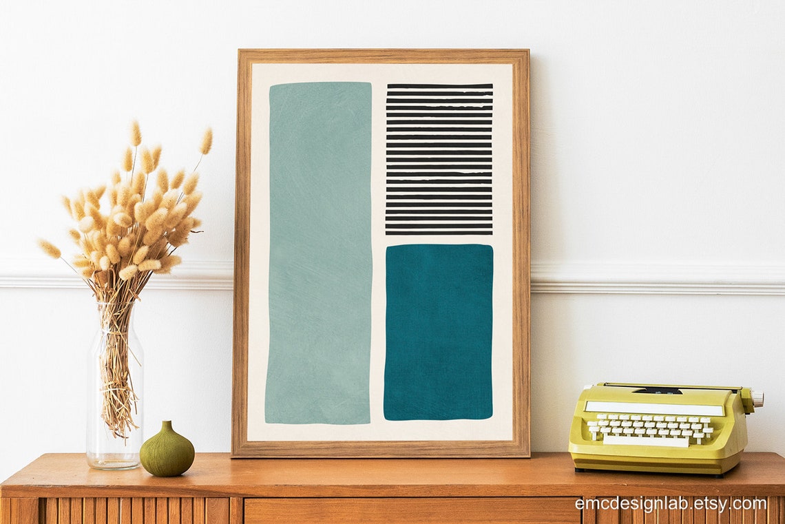 Teal Green & Light Green Wall Art Print / Modern Bold Black Line ...