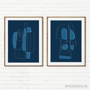 Set of 2 Navy Blue Line Art, Original Contemporary Line Art Set ...