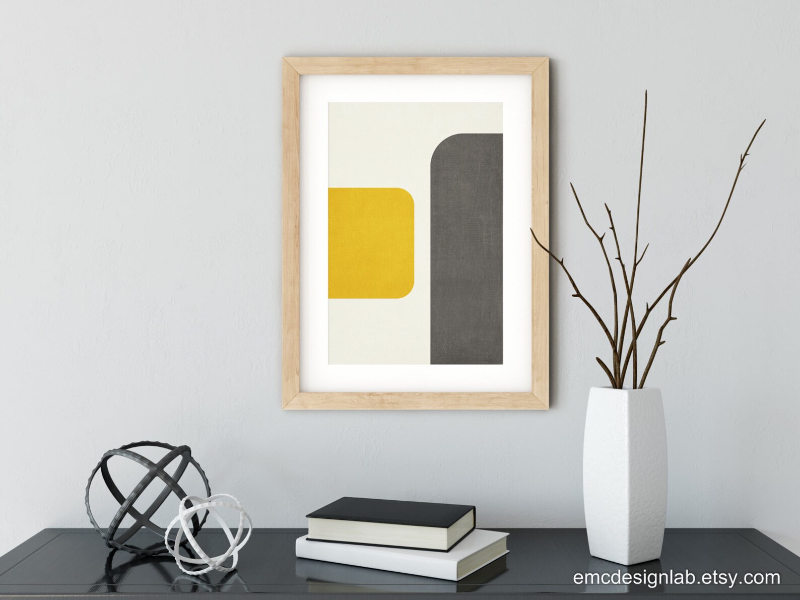 Original Abstract Print in Gray & Mustard Color, Modern Artwork for ...