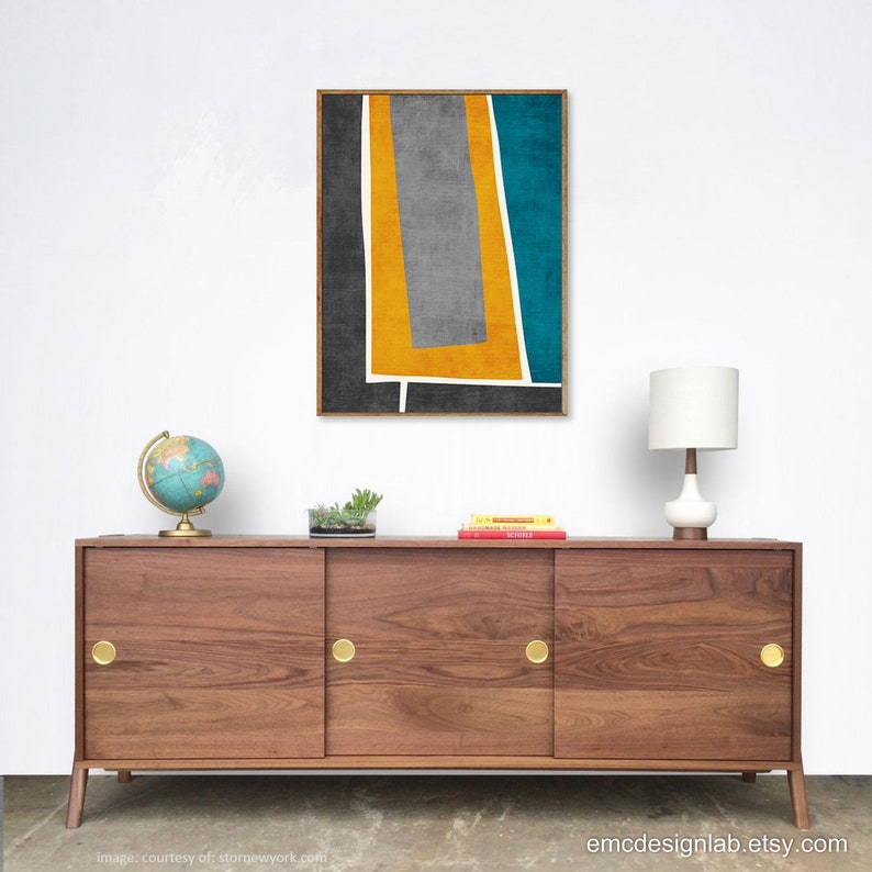 Mustard Teal Gray Art Print / Modern Mid-century Artwork / - Etsy