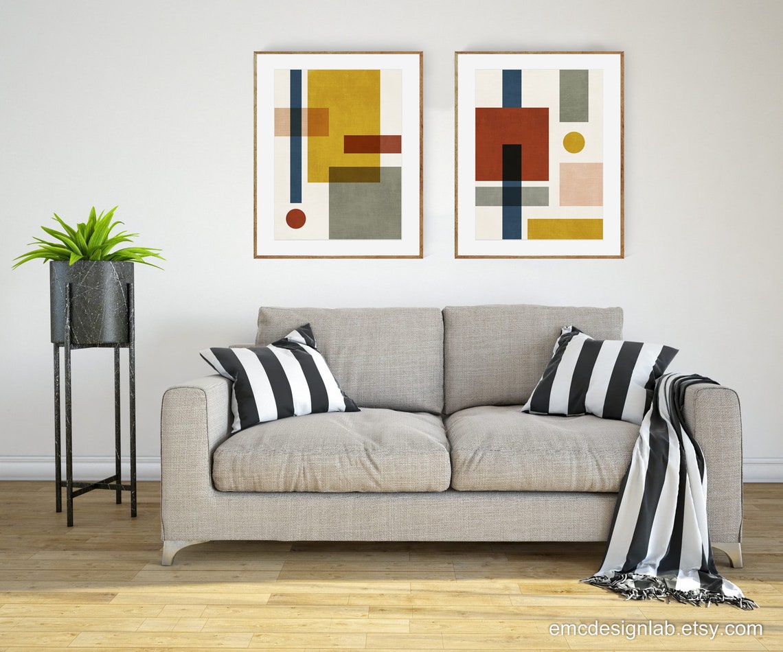 Geometric MCM Wall Art Abstract Geometric Print Mustard Navy - Etsy