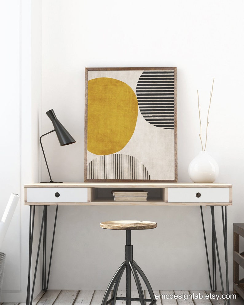 Mustard Yellow Circle Black Bold Lines Artwork Modern Art Print Rich ...