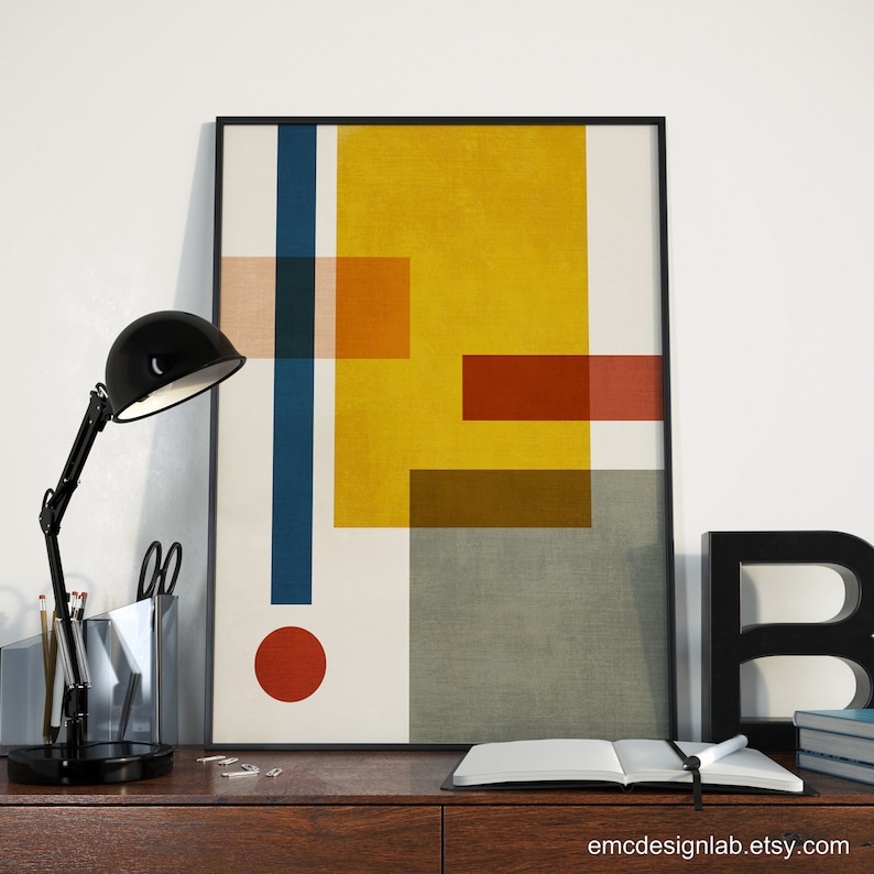 Geometric MCM Wall Art Abstract Geometric Print Mustard Navy - Etsy Sweden