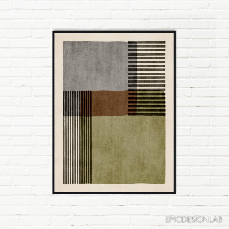 Olive Green Brown Gray Black Wall Art Print Bold Lines Modern Abstract ...