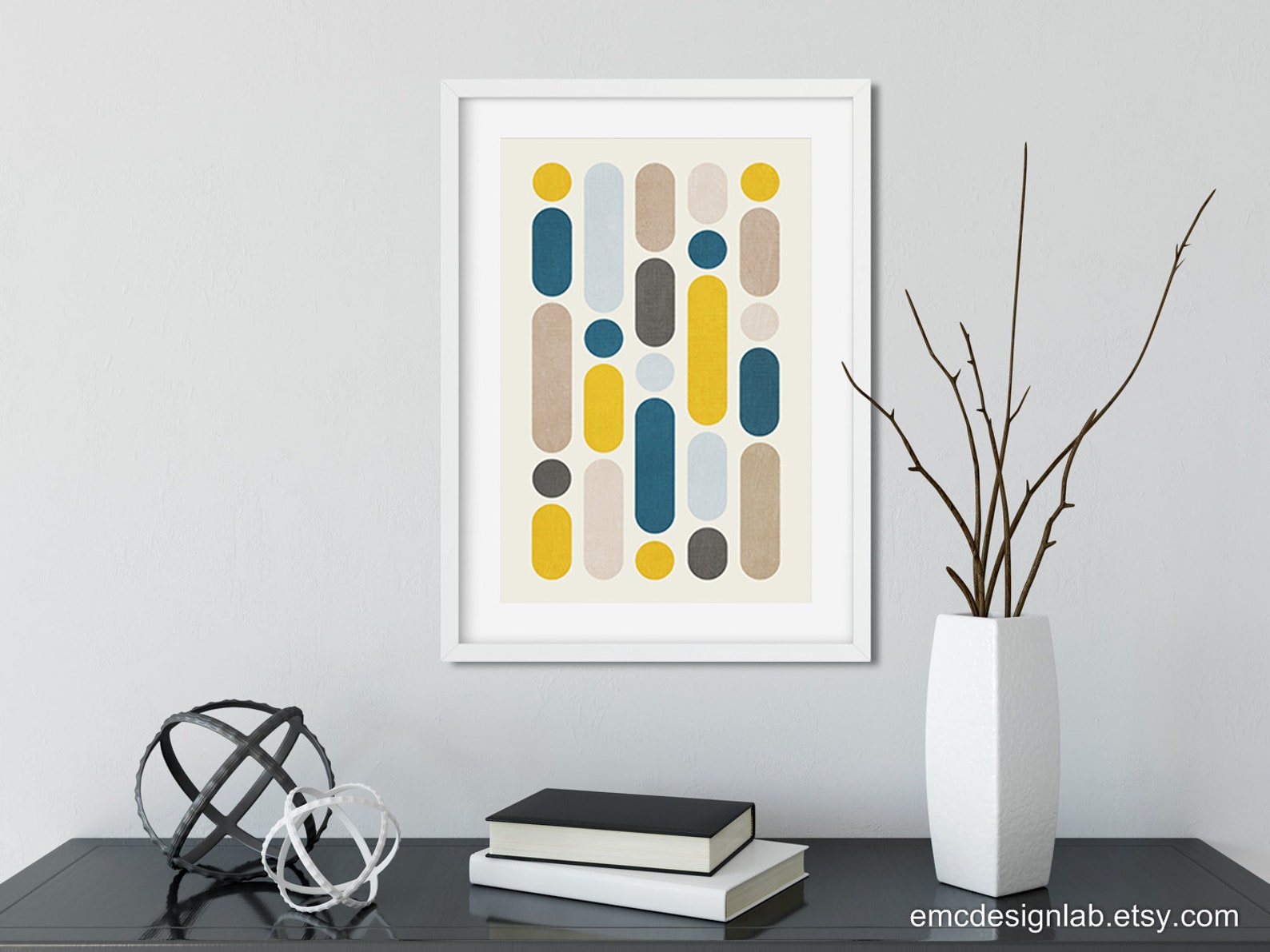 Mid-century Modern Print Modern Wall Art Navy Beige Yellow - Etsy