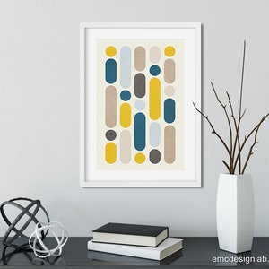 Mid-century Modern Print, Modern Wall Art, Navy Beige Yellow Baby Blue ...