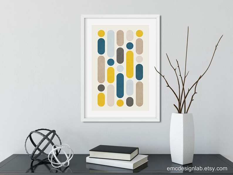 Mid-century Modern Print Modern Wall Art Navy Beige Yellow - Etsy
