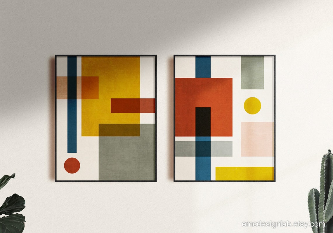 Geometric MCM Wall Art, Abstract Geometric Print, Mustard Navy Gray ...