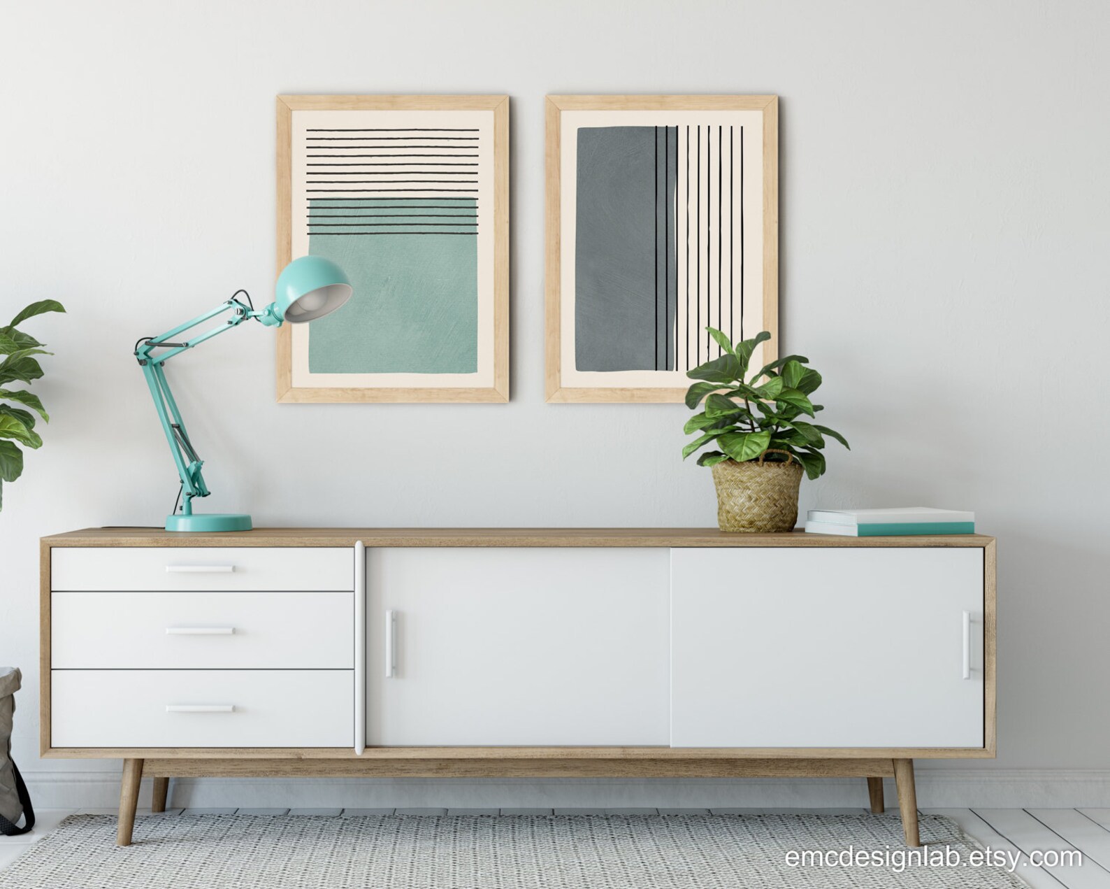 Set of 2 Gray & Light Blue/green Wall Art, Original Minimalist Set of 2 ...