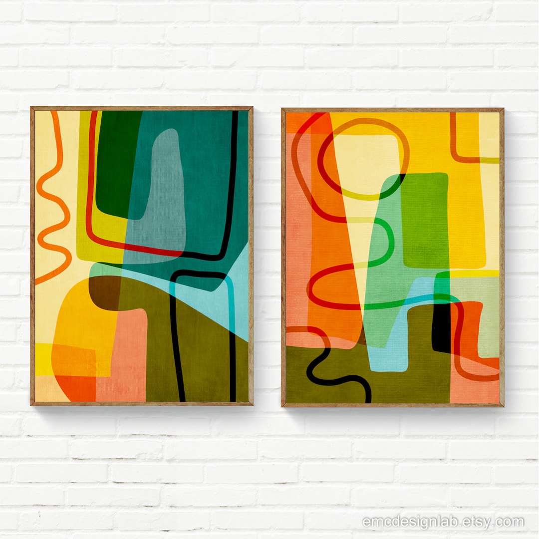 Bright Vibrant Modern Colorful Art Set of 2 Prints Abstract Painting ...