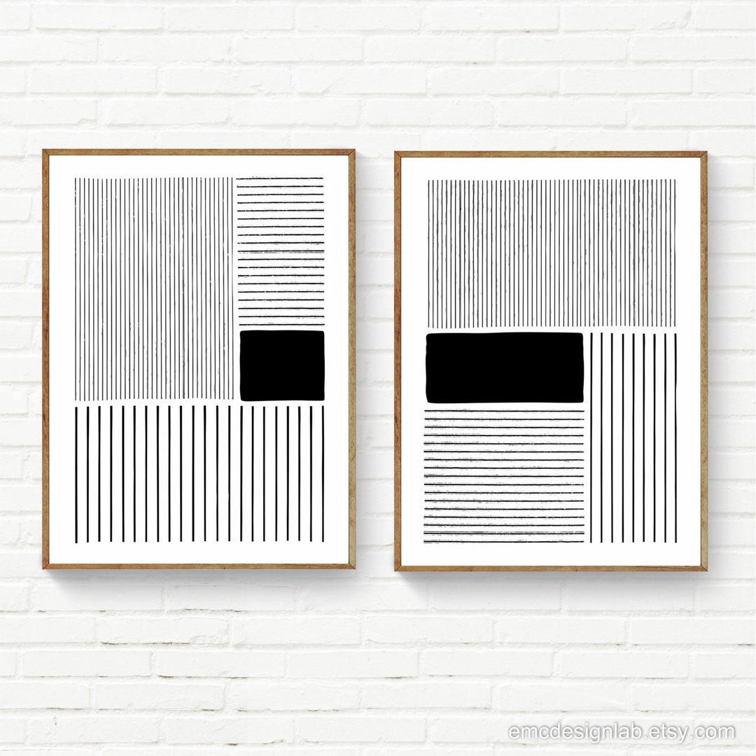 Set of 2 Black & White Lines Prints, Minimalism Line Art Wall Art Set ...