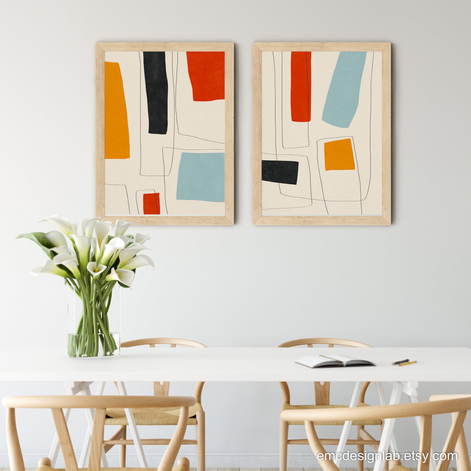 Set of 2 Mid-century Modern Prints, Set of 2 Colorful Minimalist Print ...