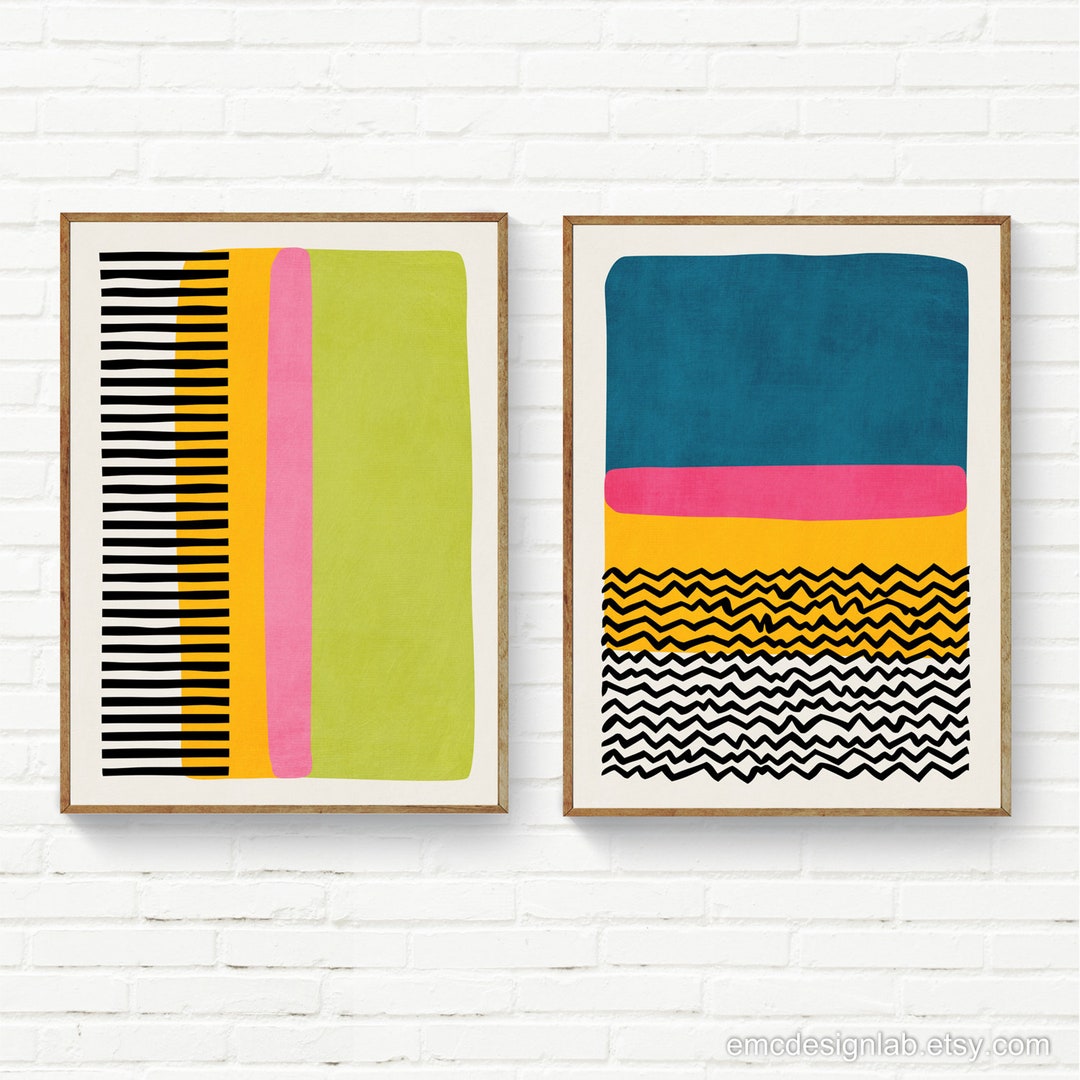 Abstract Modern Artworks Set of 2 Print Chartreuse Green Pink Yellow ...