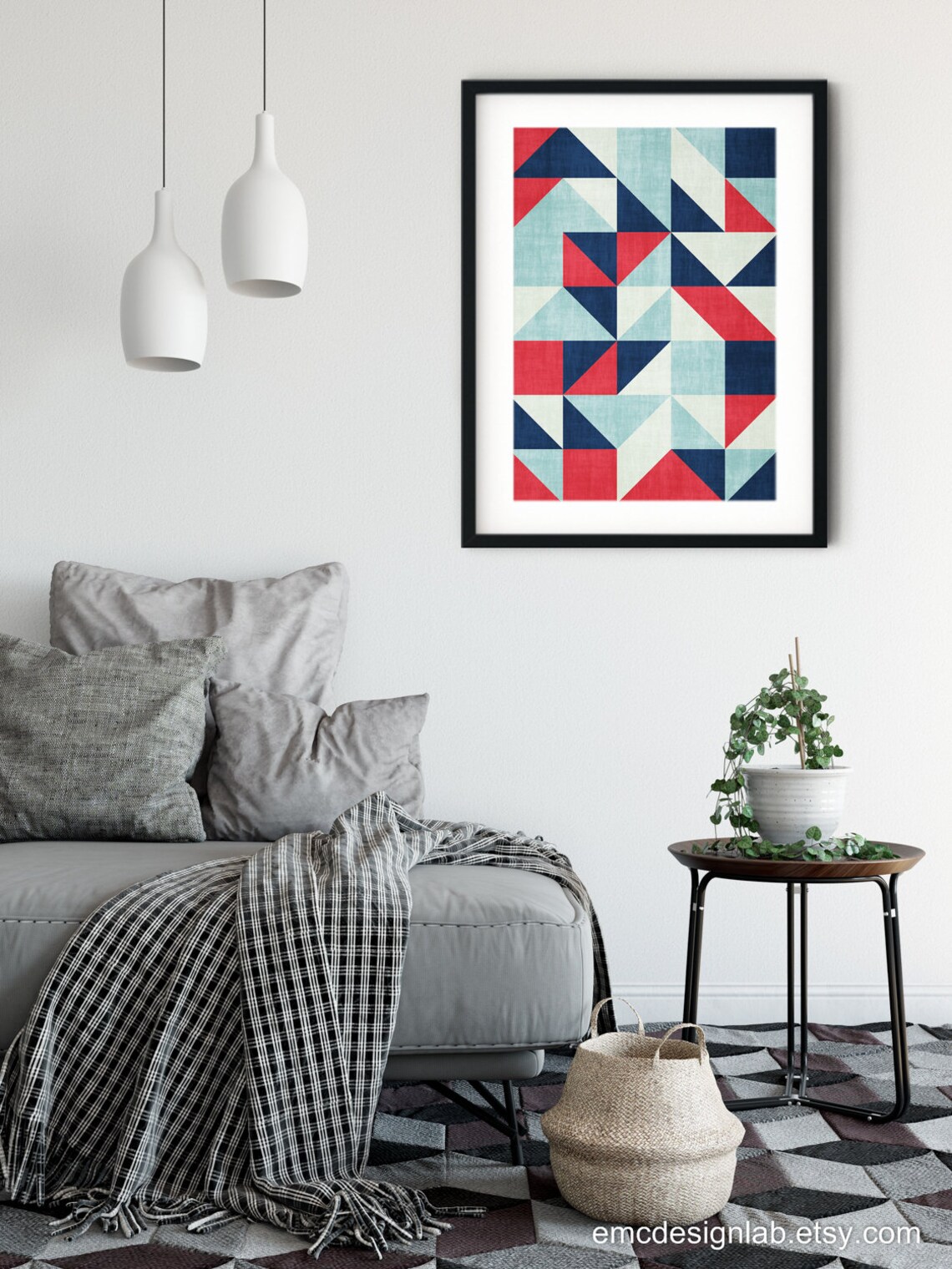 Triangles Wall Art Geometric Prints Download White Blue Red | Etsy
