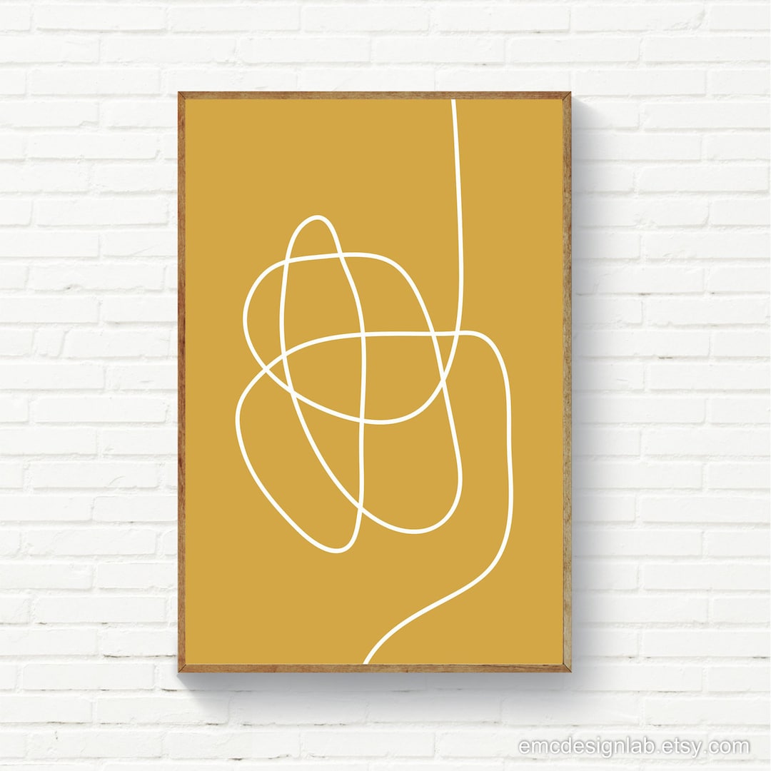Mustard & White Minimalist Line Art, Modern Living Room Wall Art ...