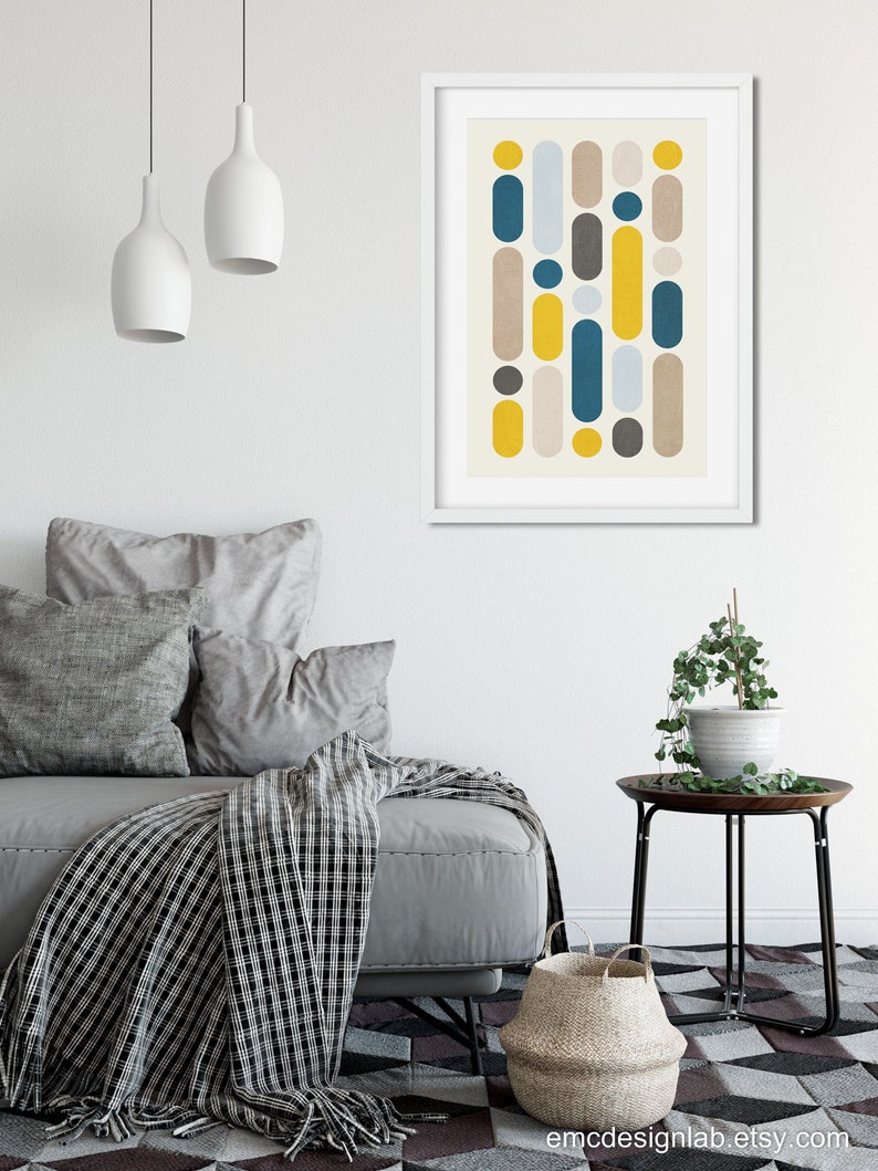 Mid-century Modern Print Modern Wall Art Navy Beige Yellow - Etsy