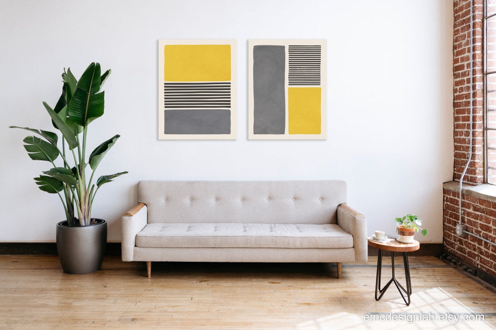 Modern Wall Art Gray & Yellow Art Set of 2 Black Bold Lines | Etsy