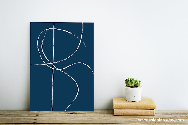 Line Art Navy Blue Print, Abstract Minimalist Wall Art Print, Line Art ...