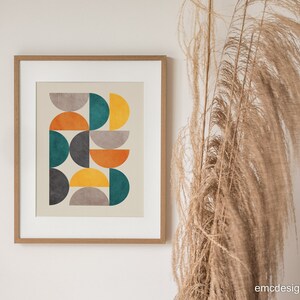 Teal Gray Yellow Beige Orange Modern Geometric Wall Art, Mid-century ...