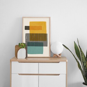 Abstract Teal Gray Yellow Wall Art, Mustard Light Teal Black Stripes ...