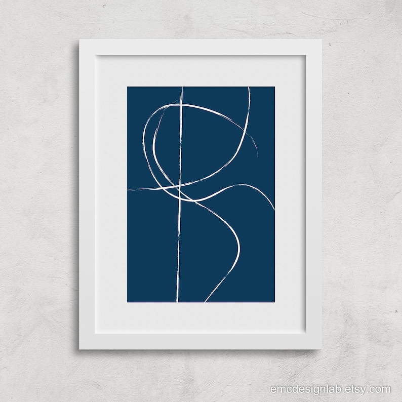 Line Art Navy Blue Print, Abstract Minimalist Wall Art Print, Line Art ...