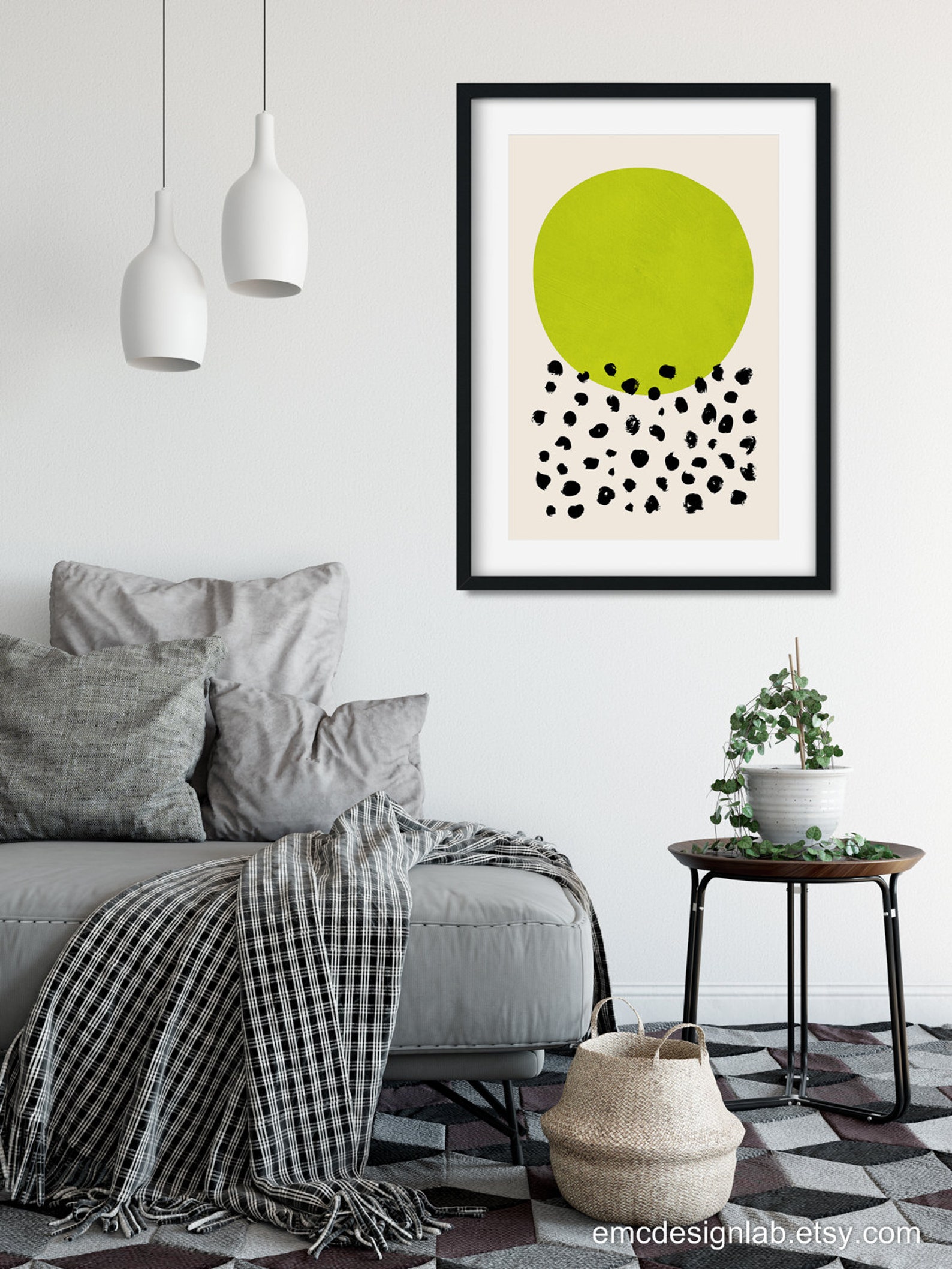 Black Dots and Green Circle Wall Art Abstract Chartreuse - Etsy