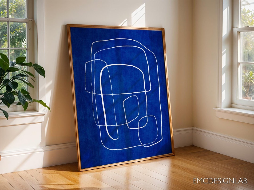 Cobalt Blue White Line Art Modern Minimalist Original Art - Etsy