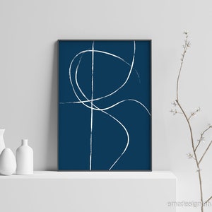 Line Art Navy Blue Print, Abstract Minimalist Wall Art Print, Line Art ...