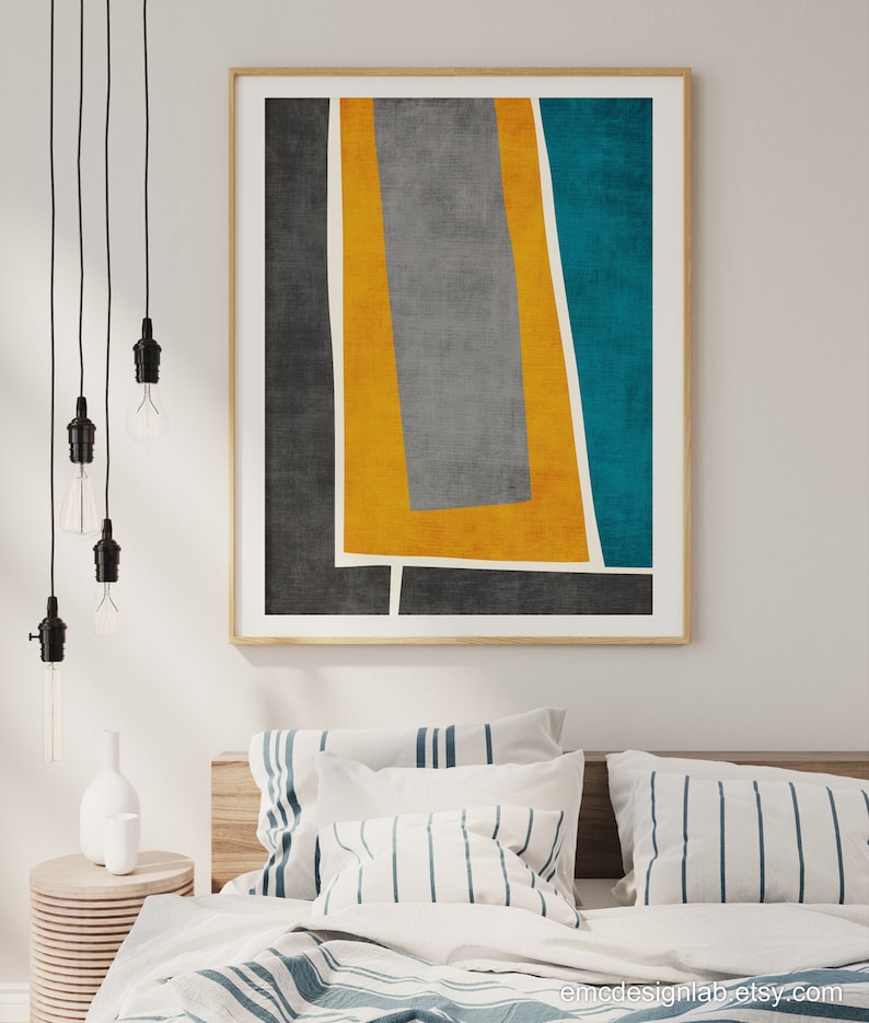 Mustard Teal Gray Art Print / Modern Mid-century Artwork / - Etsy