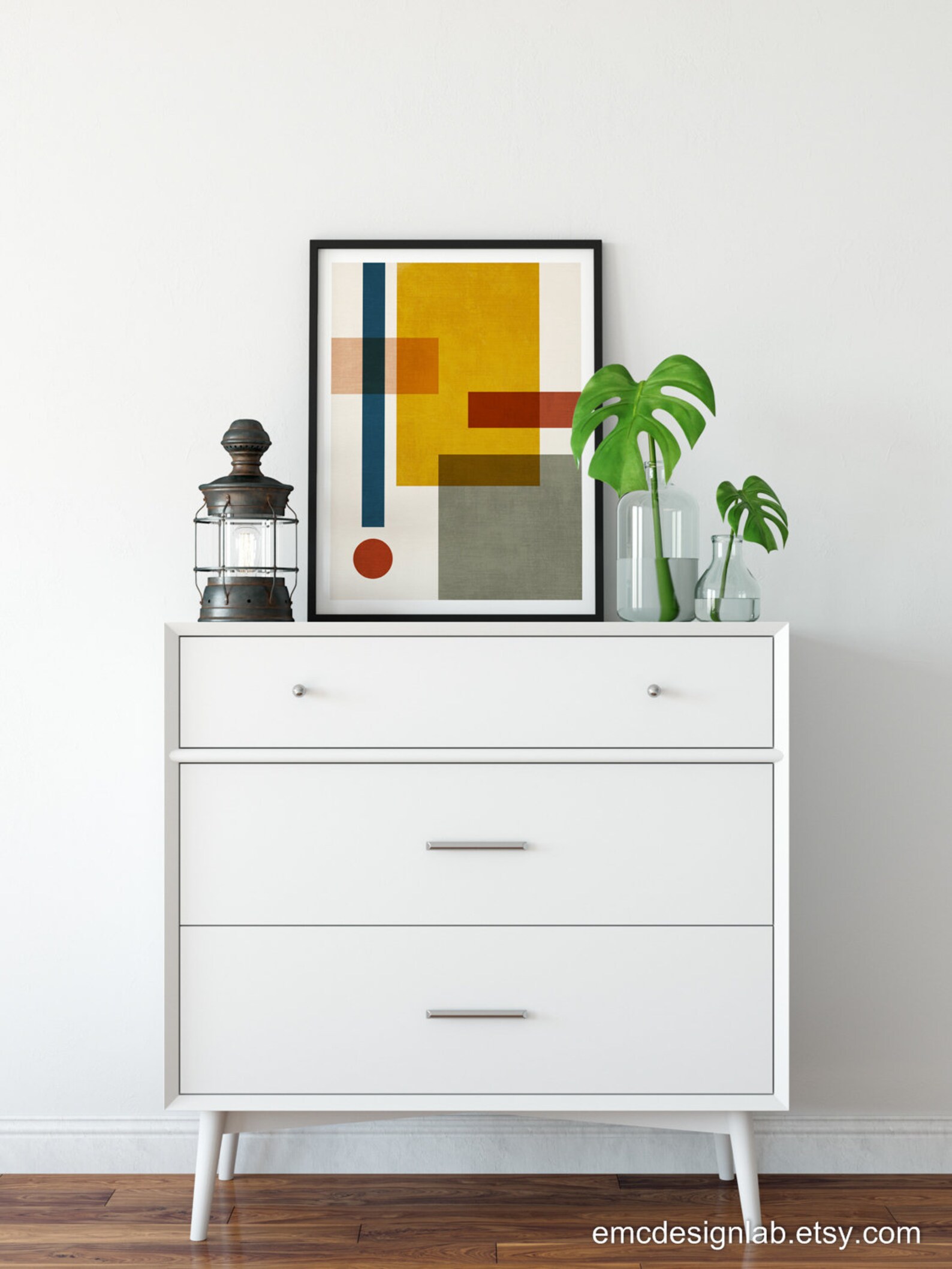 Geometric MCM Wall Art, Abstract Geometric Print, Mustard Navy Gray ...