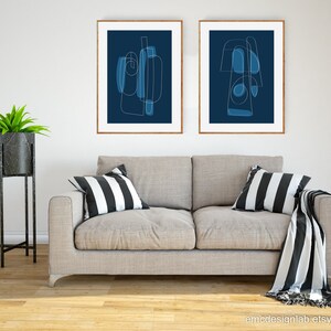 Set of 2 Navy Blue Line Art, Original Contemporary Line Art Set ...