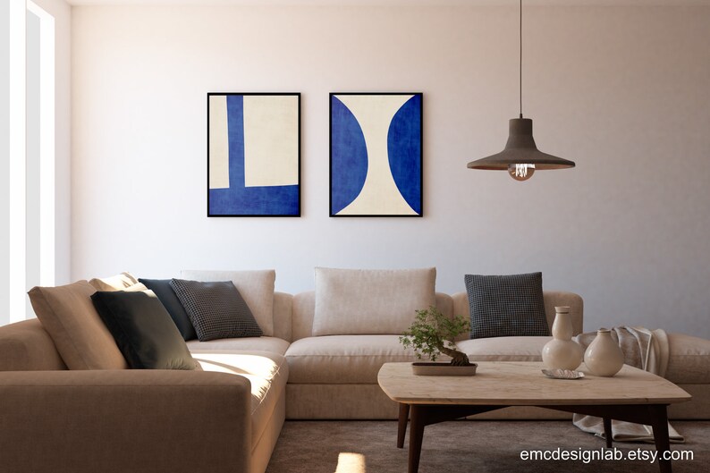 Deep Blue Neon Linen Texture Wall Art / Minimalist Blue Beige Artwork ...