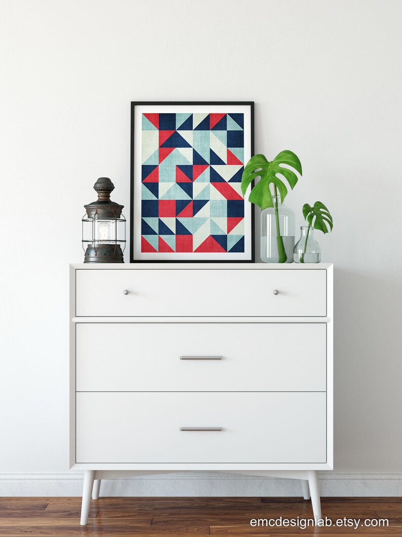 Triangles Wall Art Geometric Prints Download White Blue Red | Etsy